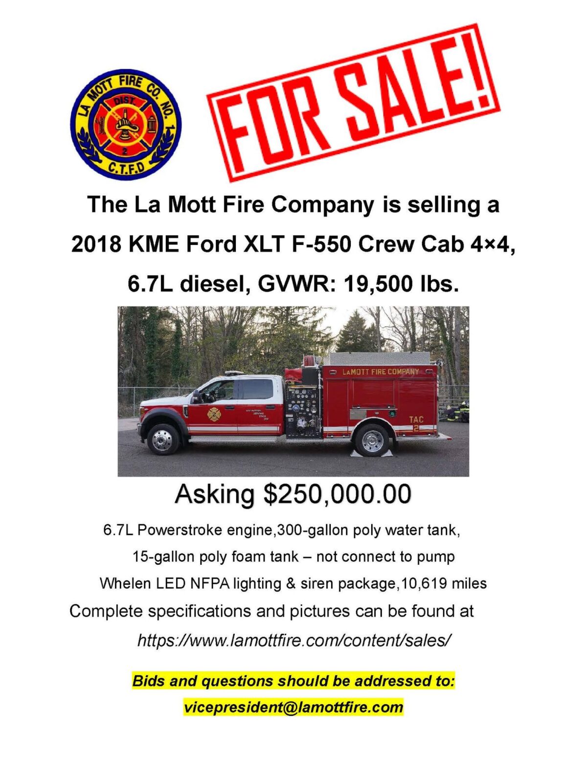 La Mott Fire Company selling 2018 Ford F550 XLT 4x4 Mini Pumper for ...